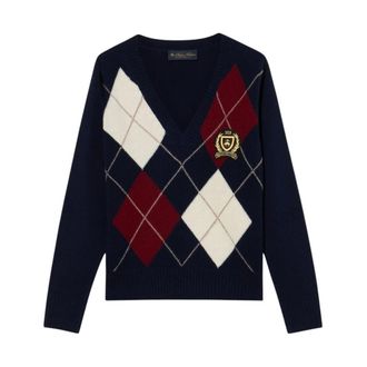 Brooks Brothers Pull-over &agrave; col en V en maille intarsia argyle avec logo - Femme - Pulls - Multicolore - Taille: 38 FR