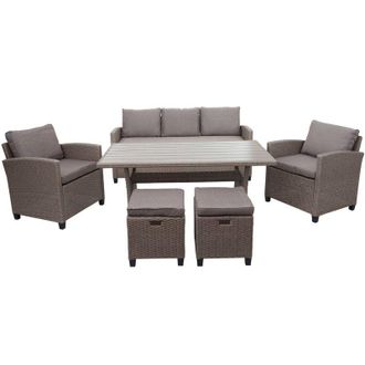 Hhg Poly-Rattan Garnitur HHG 078, Garten-/Lounge-Set Sofa Sitzgruppe, Tischplatte wpc Spun Poly halbrundes Rattan grau