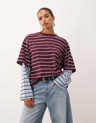 Lioness 2-in-1 Oversize-T-Shirt-Overlay und gestreiftes Langarmhemd in Burgunderrot mit Himmelblau-Streifen