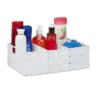 Relaxdays Blanc Corbeille de Rangement avec Compartiments, Stockage cosm&eacute;tique, Salle de Bain, poign&eacute;es, 10x32x21 cm, Fer, Plastique, 1 &eacute;l&eacute;ment