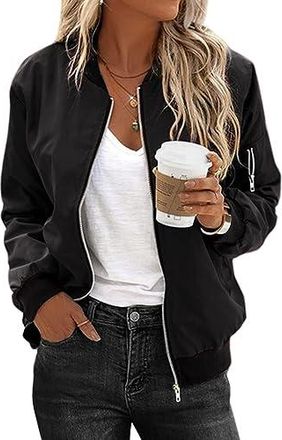 Zeagoo Veste Bomber Femme Noire Blouson Court Veste L&eacute;g&egrave;re Femme Pilote Blouson Aviateur Basique L&eacute;ger Vintage Automne Printemps Sweatjacke Mince Veste &Eacute;t&eacute; M
