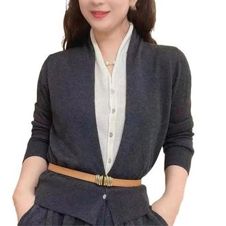 Generic Pull de printemps en tricot &agrave; col en V 100 % laine pour femme - Chaud et doux - Deux fausses pi&egrave;ces avec ceinture, gris fonc&eacute;, Taille XS