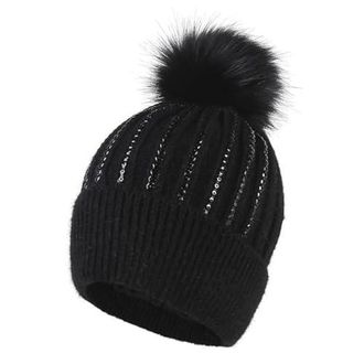 Generic M&uuml;Tze Bonnet dhiver pour femme avec pompon en fourrure synth&eacute;tique et bandes &agrave; paillettes pour femme et adolescente, Noir (01), taille unique
