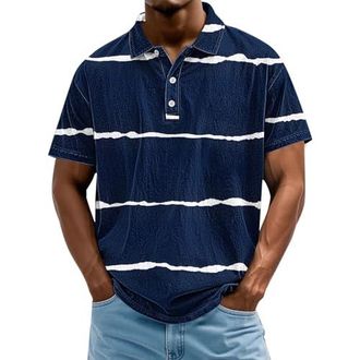 Generic Polos pour hommes d&eacute;contract&eacute;s boutonn&eacute;s ray&eacute;s imprim&eacute;s t-shirts de golf polo athl&eacute;tique col de course hauts &agrave; manches courtes vintage grande taille c