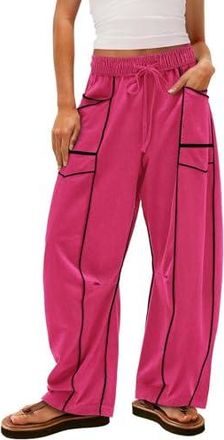 Generic Pantalon tonneau, pantalon de surv&ecirc;tement ample avec cordon de serrage pour l&eacute;t&eacute;, pantalon de plage d&eacute;contract&eacute;, rose rouge, XXL