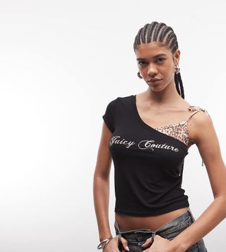 Juicy Couture Exklusives Oberteil in Schwarz mit Leopardenmuster-Detail und Strass-Schriftzug-Logo