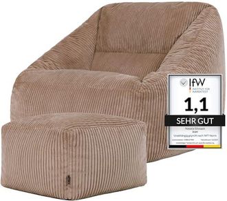 Icon Brand Natalia Sitzsack Sessel mit Hocker f&uuml;r Erwachsene, Mokkabraun, Flauschiger Cord Stoff, Riesen Sitzsack Cord mit F&uuml;llung, Bean Bag Chair, Bequemer Sess