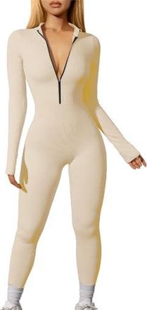 Generic Combinaison de sport sexy &agrave; manches longues pour femme - Combinaison moulante et longue - Avec fermeture &eacute;clair - Extensible - Onesie c&ocirc;tel&eacute;e - Surv&ecirc;t