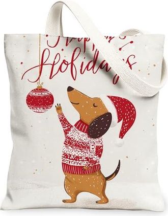 Generic Sacs fourre-tout en toile pour chien de vacances, adorable motif animal, sacs d&eacute;picerie r&eacute;utilisables, joyeux, l&eacute;gers, lavables, blanc, 13x15 Inch