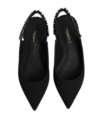 Dolce & Gabbana Womens Black Crystal Charmeuse Slingback Shoes Silk Viscose Elastane
