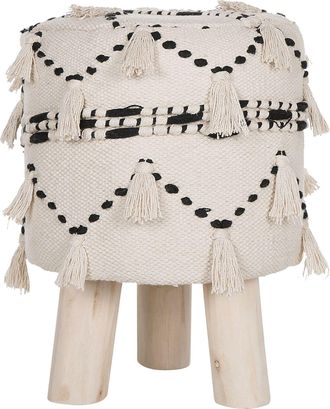 Beliani Sitzhocker beige/schwarz Boho-Stil Baumwolle Eukalyptusholz 33 x 33 cm Thondi
