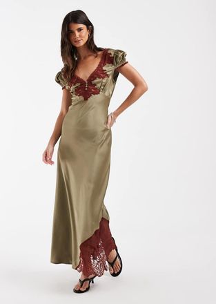Asos Satin-Tea-Maxikleid mit Kontrastspitze in Oliv-Lila