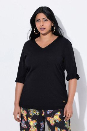 Ulla Popken Strickpullover Pullover V-Ausschnitt R&uuml;schen-Halbarm