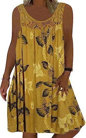 Minetom Dentelle Robe Été Femme de Plage Rétro Robes Col Rond Robes au Genou sans Manches Imprimé Floral Casual Tuniques Ample A1 Jaune XXL