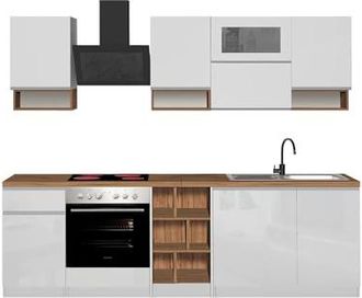 Dmora Vollst&auml;ndige K&uuml;che Ronnie, Set mit Speisekammer, K&uuml;chenzeile Schrank, Linearer Blocksatz, 100% Made in Italy, 255 x 60 x 85 cm, gl&auml;nzendes Wei&szlig; und Ei