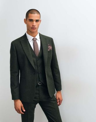 Asos Veste de costume ajust&eacute;e en laine &agrave; chevrons - Vert fonc&eacute;
