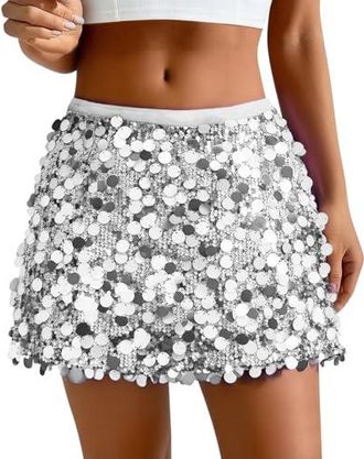 Generic Jupe &agrave; paillettes pour femme avec taille &eacute;lastique, jupe &agrave; paillettes avec taille &eacute;lastique, jupe midi, jupe trap&egrave;ze, jupe trap&egrave;ze, mini jupe scintill