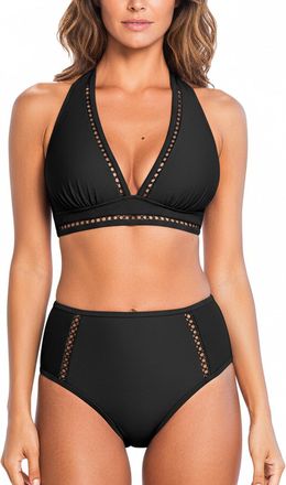 Cupshe Damen Bikini Set V Ausschnitt Zweiteilige Bademode Hohe Taille Haltertr&auml;ger Ausschnitte R&uuml;cken Hakenverschluss Badeanzug Schwarz XL