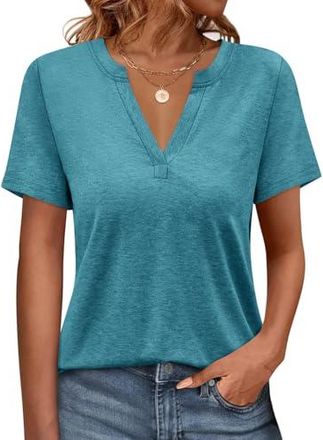Onsoyours Tee Shirt Femme Col V Manches Courte T-Shirt Ete Décontracté Haut Basic Top A Turquoise XXL