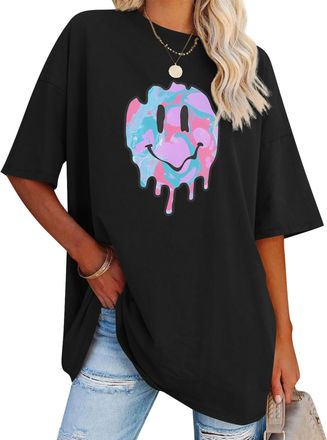 Dresswel Oversize Shirt Damen Lustige Emotionen Druck T-Shirt Kurzarm Rundhals Neuheit Tshirts Sommer Tops Lose Lang Oberteile Bluse f&uuml;r Teenager M&auml;dchen