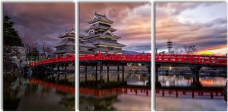 Pixxprint asiatischer Tempel an See als XXL Leinwandbild in &Uuml;bergr&ouml;&szlig;e 240x120cm Gesamtma&szlig; 3 teilig, Wandbild, Kunstdruck