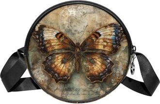 Generic Sac &agrave; bandouli&egrave;re rond pour femme, motif papillon vintage, petit sac &agrave; bandouli&egrave;re avec fermeture &eacute;clair, bretelles r&eacute;glables, sac &agrave; main rond d&eacute;contr