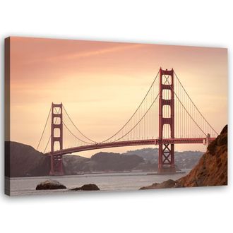 Feeby Vlies Leinwandbild XXL Westk&uuml;ste San Francisco Golden Gate Bridge 120x80 cm Wandbild Kunst Bilder Schlafzimmer Deko Wohnzimmer Abend Fluss Felsen Rot