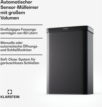 Klarstein Klarstein - Sensor-M&uuml;lleimer 60L - ber&uuml;hrungslos mit Bewegungssensor & Soft-Close, Edelstahl, Mattschwarz, K&uuml;chen-Abfalleimer, 3-in-1-M&uuml;lleimer mit