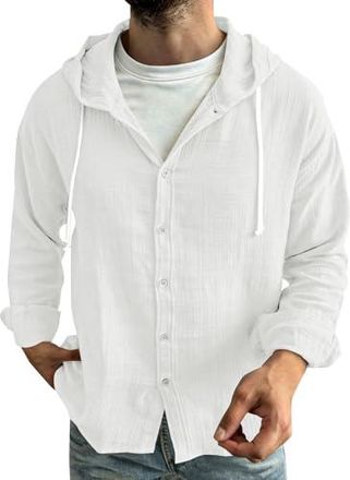 Generic Chemise &agrave; capuche en coton &agrave; manches longues pour homme - Couleur unie - Coupe d&eacute;contract&eacute;e - Cordon de serrage - Printemps et automne - Style d&eacute;contr