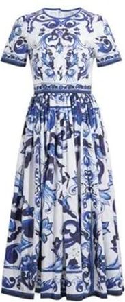 Generic Robe d&eacute;t&eacute; mi-longue &agrave; manches courtes en porcelaine blanche pour femme, bleu, S