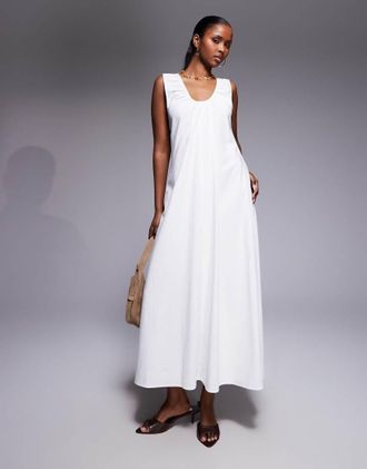 KAIIA Robe de plage longueur mollet en coton m&eacute;lang&eacute; avec encolure d&eacute;gag&eacute;e fronc&eacute;e - Blanc