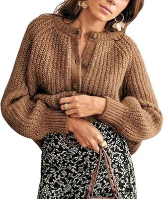 ORANDESIGNE Gilet Femme Cardigan Court à Col Rond Boutonné Ouvert sur Le Devant Y2K Pull en Tricot Chic Décontractée Tricoté Cardigan en Maille épaisse Léger Mant