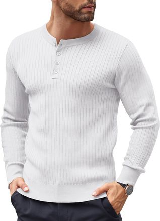Coofandy Herren Pullover Henley Shirt Strickpullover mit Knopfleiste M&auml;nner Langarmshirt Pulli Slim Fit Wei&szlig; 3XL