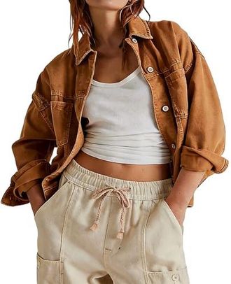 Generic Veste en jean surdimensionn&eacute;e l&eacute;g&egrave;re &agrave; manches chauve-souris pour femme, veste en jean d&eacute;contract&eacute;e pour lautomne, marron, XL