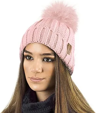 TOSKATOK Dames Femmes Hiver Rib Seed Stitch Beanie Bobble Chapeau avec Doublure en Polaire Confortable Chaud et Fausse Fourrure Pom Pom-Taille Unique-Nude Bean