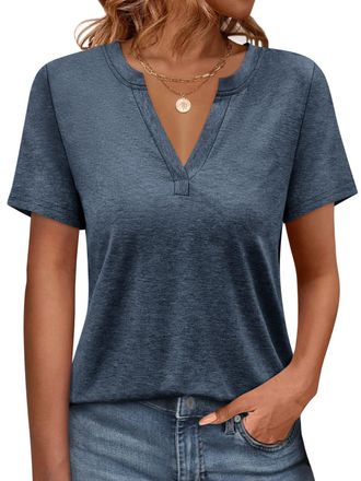 Onsoyours Tshirt Damen V-Ausschnitt Kurzarm T-Shirts Sommer Oberteile Locker Basic Shirt A Dunkelblau XXL