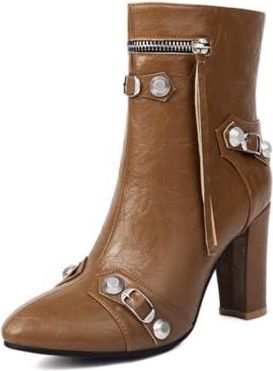 Generic Bottes À La Cheville À Boucle Cloutée pour Femmes Mid Chunky Block Heels Bout Pointu Fermeture Éclair Latérale Élégante Soirée De Fête Chaussures Stre