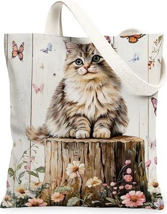 Generic Sac fourre-tout en toile motif chats sib&eacute;riens printaniers 33 x 38,1 cm, sac d&eacute;picerie r&eacute;utilisable pour femme, animal de compagnie, peinture, d&eacute;corat