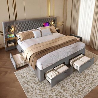 Generic Schlafzimmer-Komplett-Set mit Polsterbett 160 * 200 cm - Inkl. 2 Nachttischen (4 Schubladen) & Matratze - Kopfteil mit Leselicht & USB-Ladung - Grauer