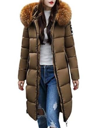 TOMWELL Hiver Manteau avec Capuche Fourrure Doudoune Femme Zipp&eacute; Longue Duvet de Coton Grande Taille Doudoune A Caf&eacute;40