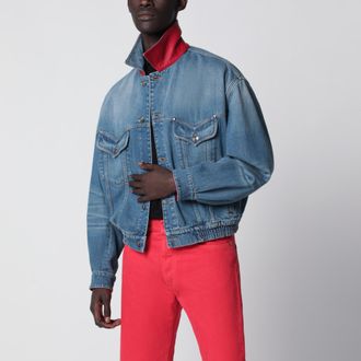Versace Jeansjacke aus Baumwoll-Denim in Blau mit Lederdetails