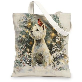 Generic Sac fourre-tout en toile motif chien Westie de No&euml;l 33 x 38,1 cm, sac d&eacute;picerie r&eacute;utilisable pour femme, peinture danimaux domestiques, d&eacute;coration cad