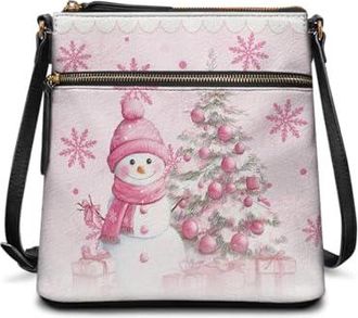 Coloranimal Petit sac &agrave; bandouli&egrave;re pour femme avec fermeture &eacute;clair sur le th&egrave;me de No&euml;l, Bonhomme de neige flocon de neige rose