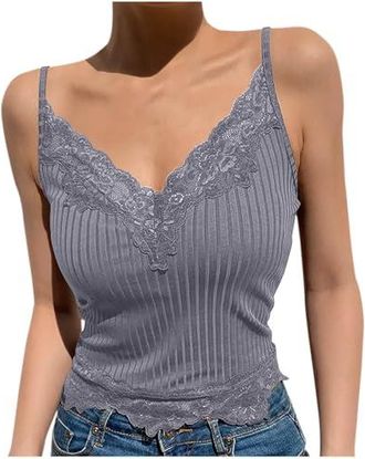 Generic D&eacute;bardeur pour femme - D&eacute;bardeur &agrave; bretelles spaghetti - Avec bordure en dentelle - Avec soutien-gorge int&eacute;gr&eacute; - D&eacute;bardeurs d&eacute;t&eacute; - Col en V - T-shirt 