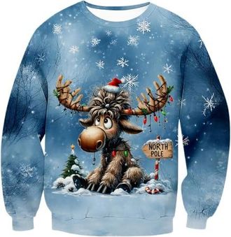 Generic Pull de Noël moche pour homme - Imprimé en 3D - Renne - Père Noël - Col rond - Manches longues - Coupe ample - Cadeau pour homme et femme, Bleu clair.