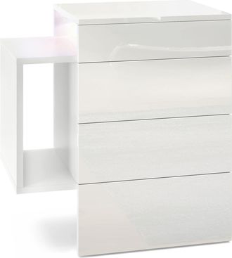 Vladon Nachttisch Queens, Made in Germany, Nachttischschrank mit 2 Schubladen und 1 seitlichem Fach zur Wandmontage, Weiß matt/Weiß Hochglanz, inkl. LED Unte