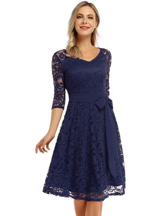 KOJOOIN Damen Vintage Kleid Brautjungfernkleid Knielang Langarm Spitzenkleid Cocktailkleid Dunkelblau Navyblau M