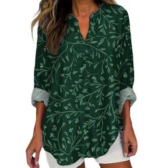 Generic Chemisier Femme Coton Lin Chic D&eacute;contract&eacute; Chemises Ete &Agrave; Manches Longues &Agrave; Col en V Loose Hauts L&eacute;gers Comfy Tuniques Mode Coton Et Lin Grande Taille