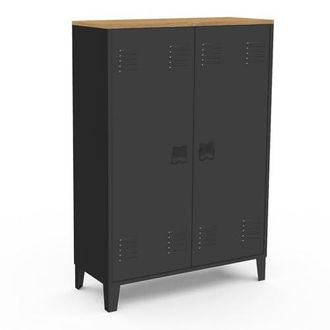 IDMarket Armoire Basse Ester 2 Portes m&eacute;tal Noir et Plateau Bois Design Industriel