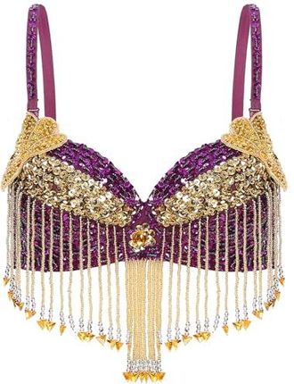 dPois Haut Danse Orientale Femme Paillettes Sexy Tenue Soutien Gorge Danse du Ventre Costume Spectacle Violet Taille Unique